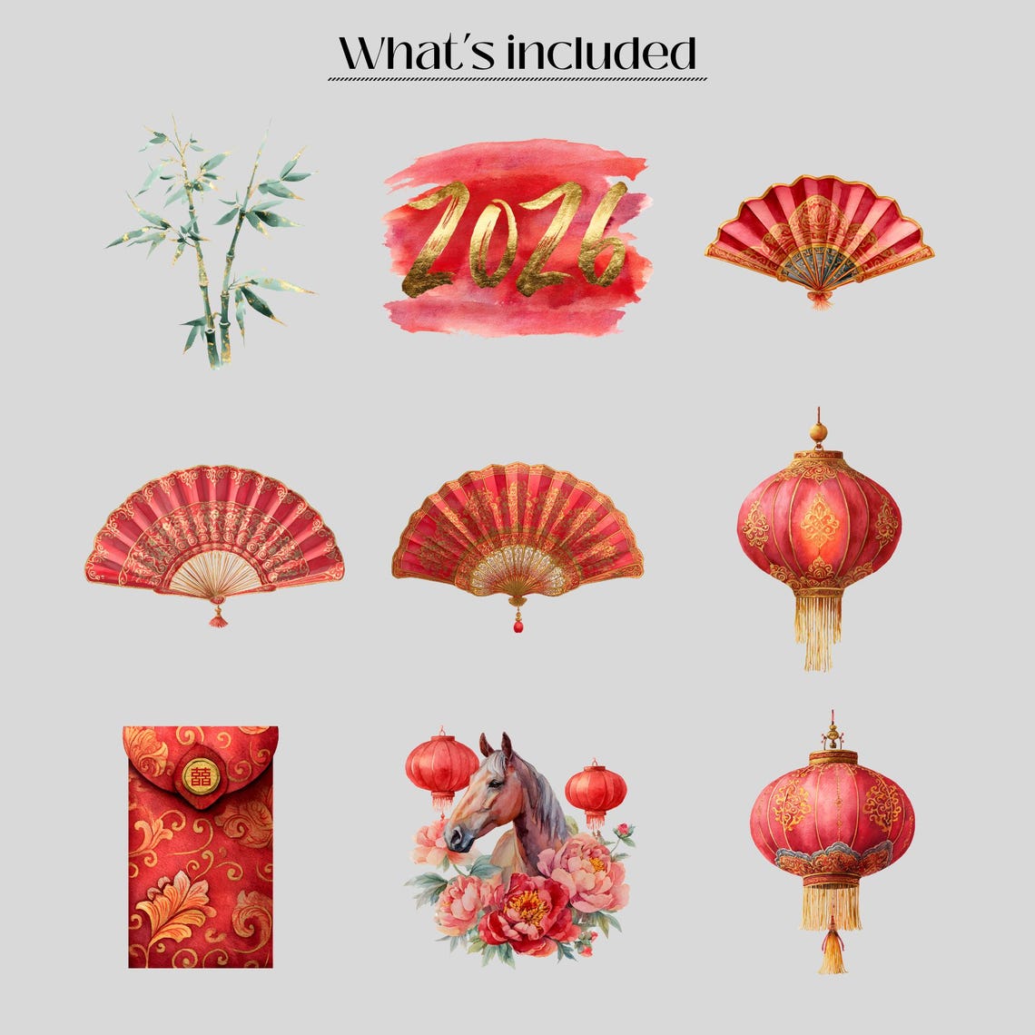 Watercolor Lunar New Year Horse Clipart – 34 Zodiac Art Pngs Bundle ...