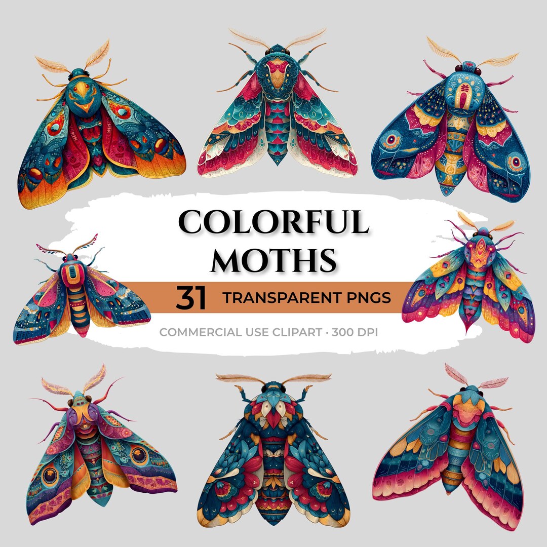 Colorful Moth Clipart Set | Psychedelic Vector Illustration Moths PNG ...