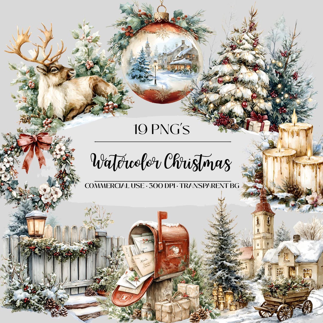 Whimsical Watercolor Christmas Clipart Set - Cozy Holiday Illustrations ...