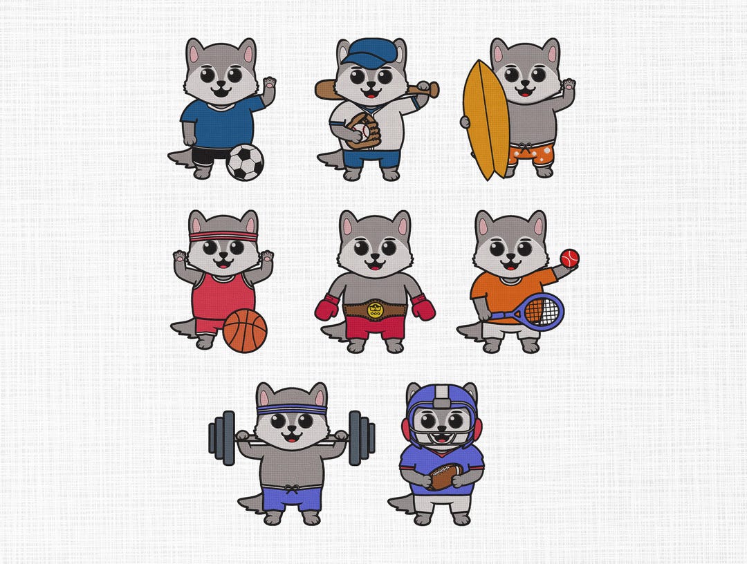 Wolf Set Embroidery Design, Wolf Wearing Uniform and Sports Equipment ...