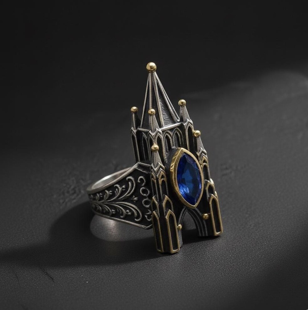 Gothic Cathedral Spire Ring: Sterling Silver, Blue Sapphire, Viking ...