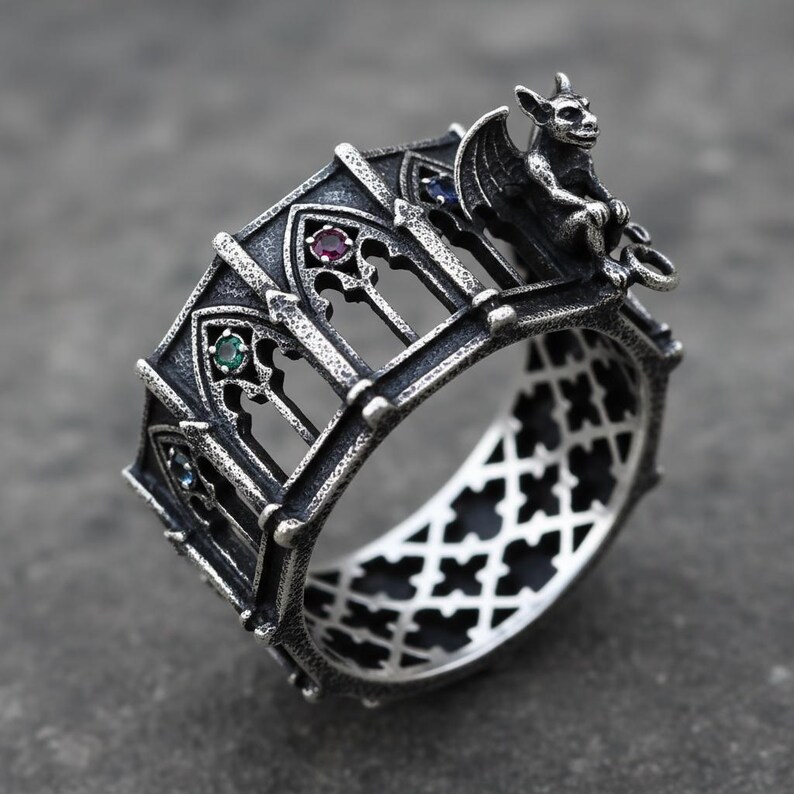 Gothic Gargoyle Crown Ring - Sterling Silver Cathedral Ring With ...