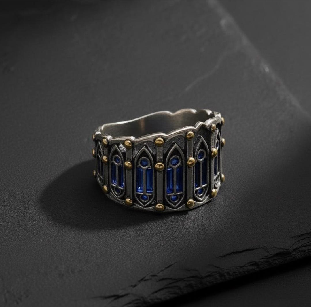 Gothic Cathedral Window Band Ring With Blue Gemstones, Medieval ...