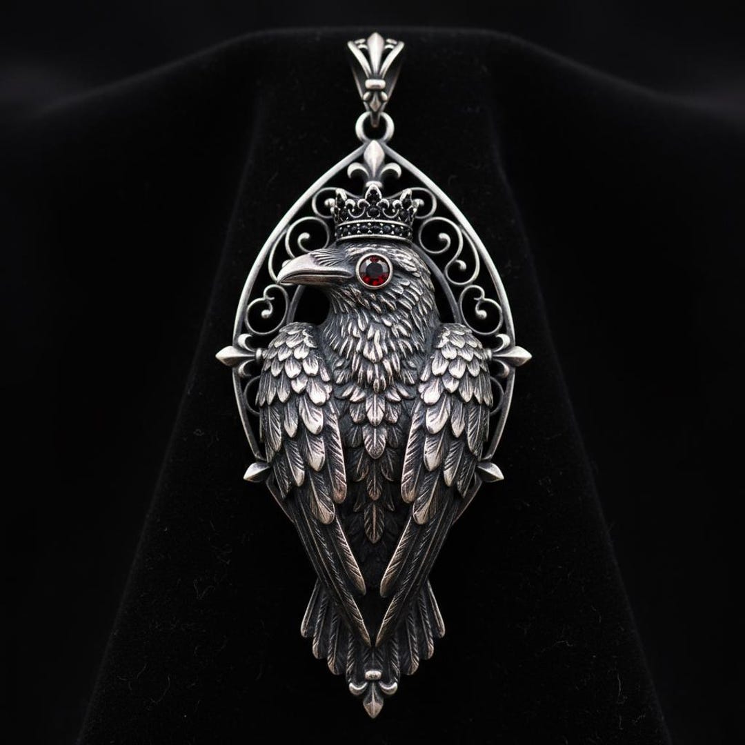 Handcrafted Sterling Silver Raven Pendant With Crown & Red Gem Eye ...