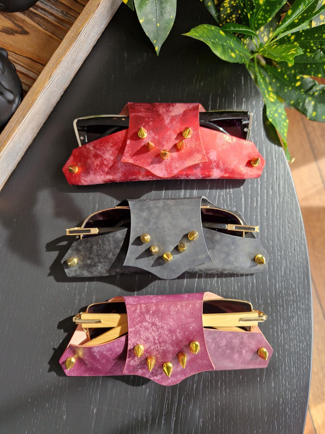 Leather Spike Sunglasses Case: Italian Leather Eyewear Pouch, Handmade ...