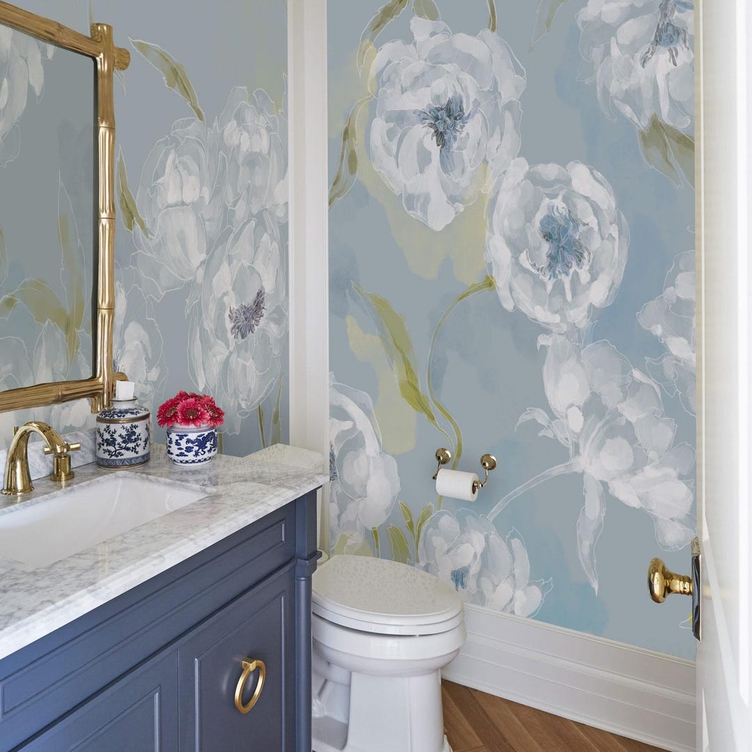 Blue Peony Wallpaper | Oversized Floral Wall Mural | Elegant Powder ...