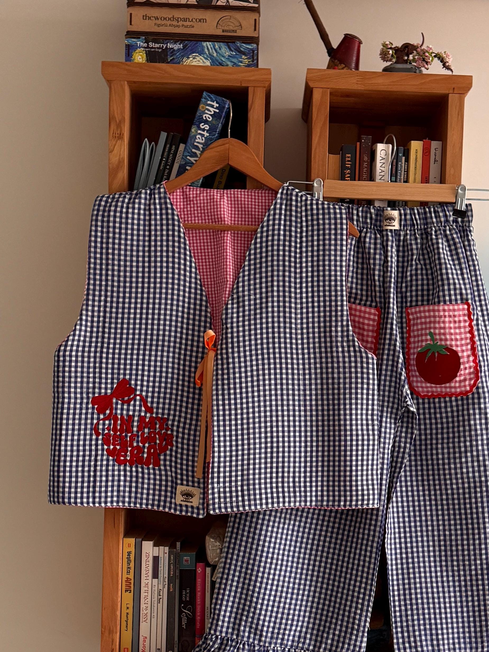 Reversible Handmade Vest – Cherry Embroidery Pocket & Bow Motto Detail ...