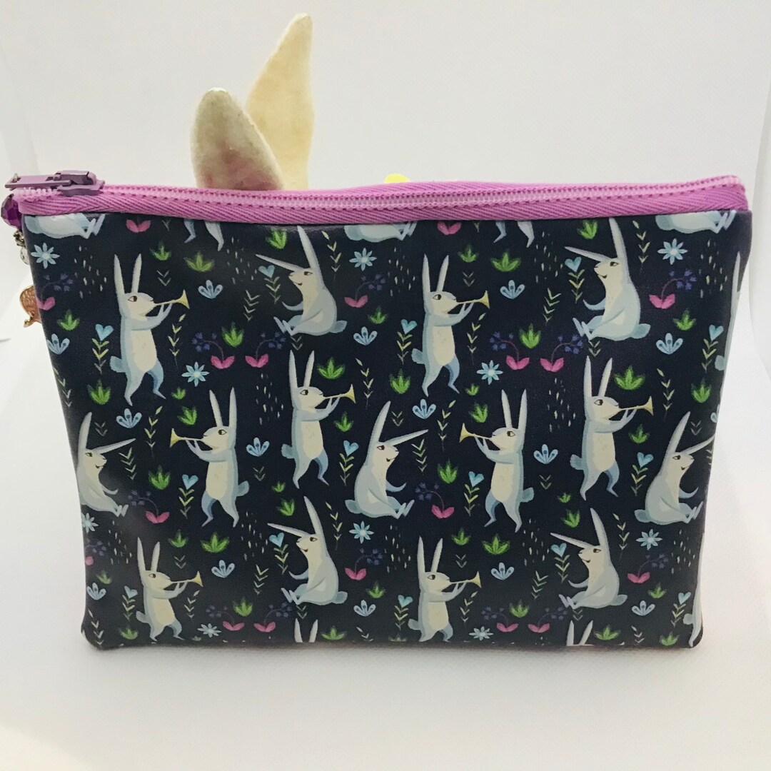 Purse - White Rabbits Bunnies Purse, Navy Blue Leatherette With Pink ...