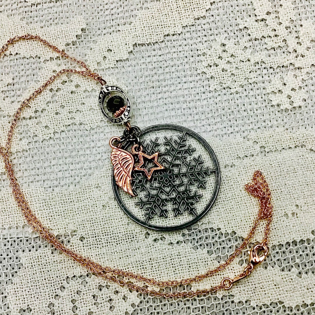 Snowflake Pendant Necklace, Angel Wing Charm, Star Charm, Plated Rose ...