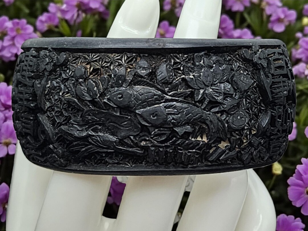 Vintage 1950s Cinnabar Bangle Bracelet: Carved Koi Fish & Lotus - Etsy