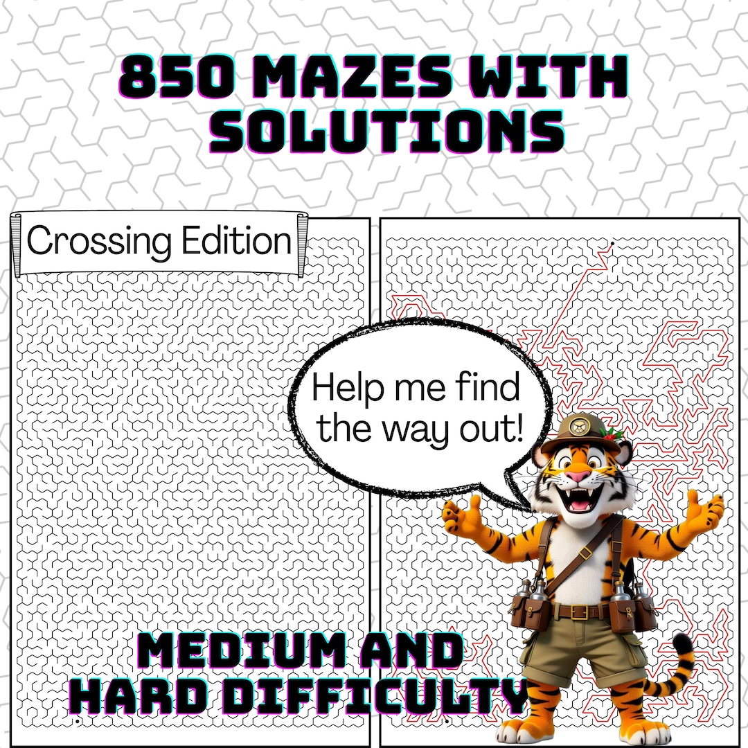 850 Printable Medium and Hard Hexagonal Maze Puzzles With Solutions, A4 ...