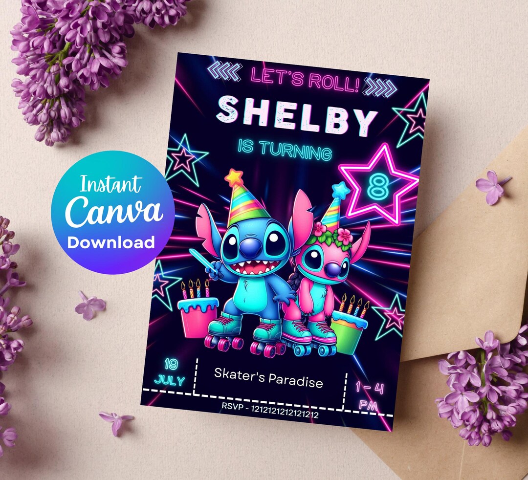 Stitch Roller Skating Neon Birthday Party Invitation |stitch Lilo ...