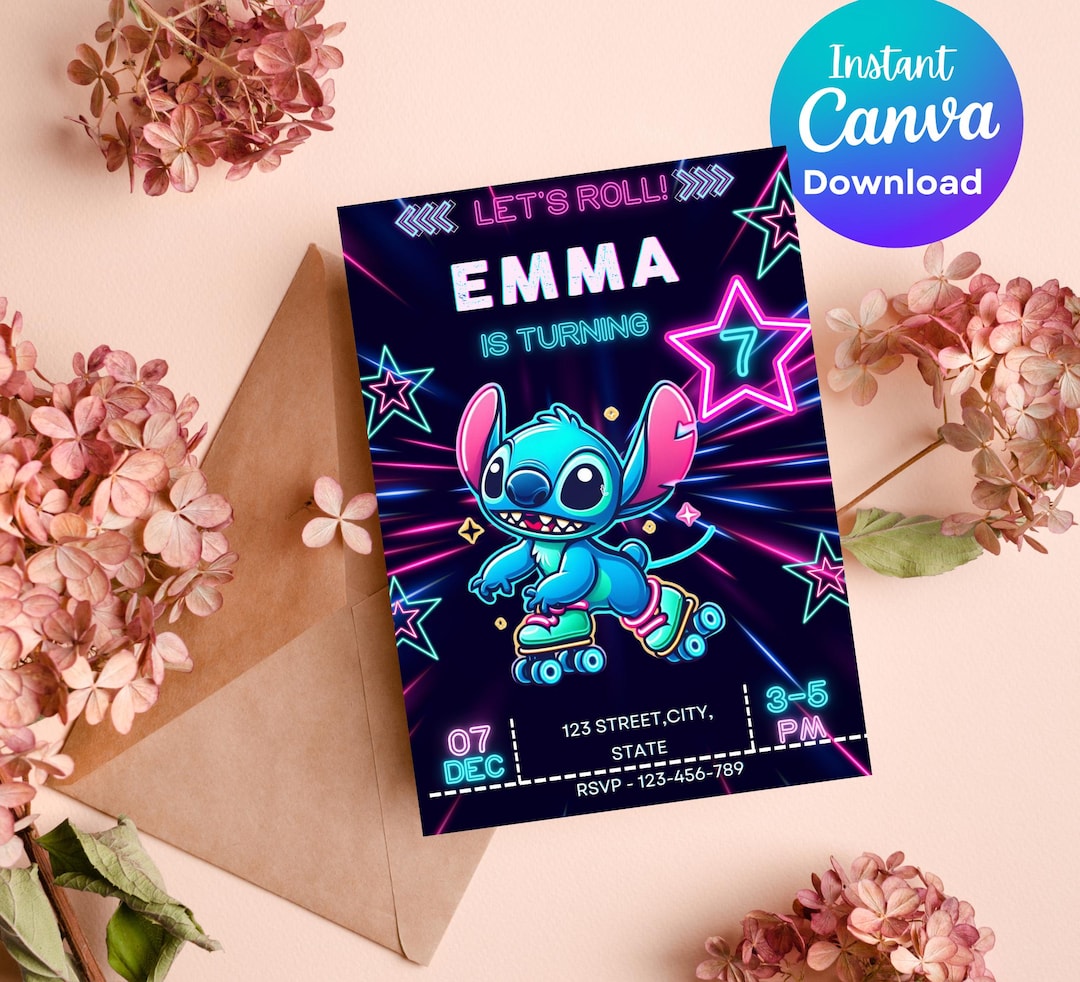 Stitch Roller Skating Neon Birthday Party Invitation |stitch Lilo Black ...