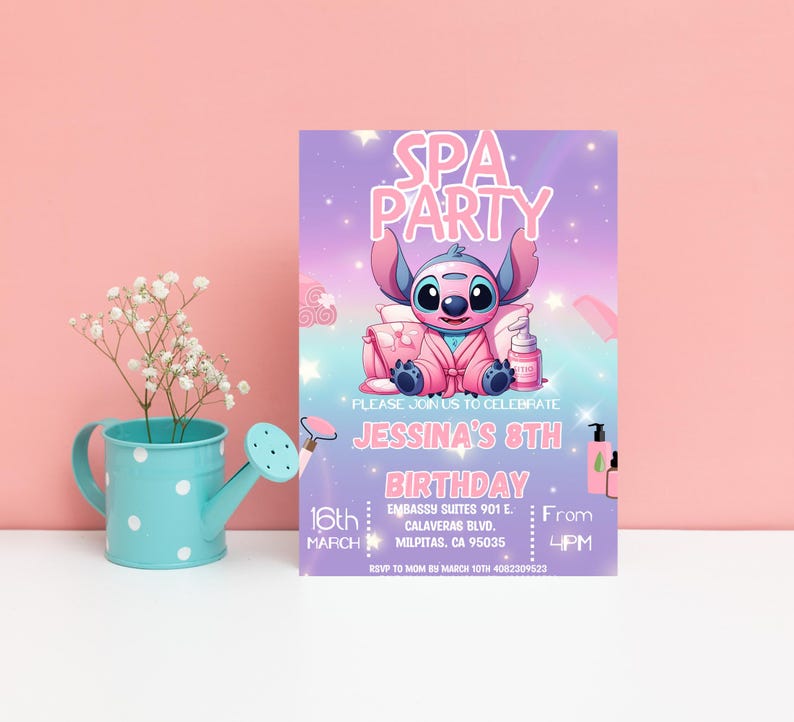 Stitch Spa Party Invitation Birthday Pink Party Invitation |stitch Lilo ...