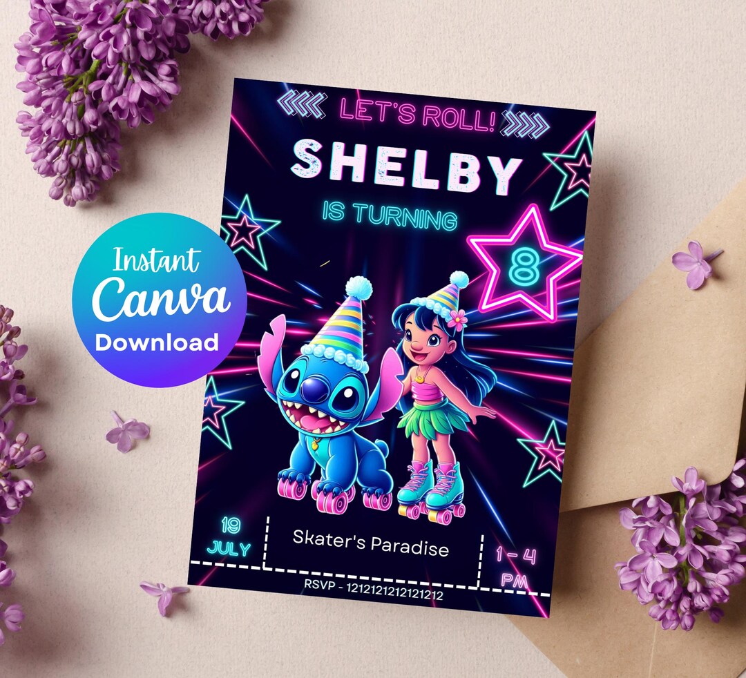 Stitch Roller Skating Neon Birthday Party Invitation |stitch Lilo ...