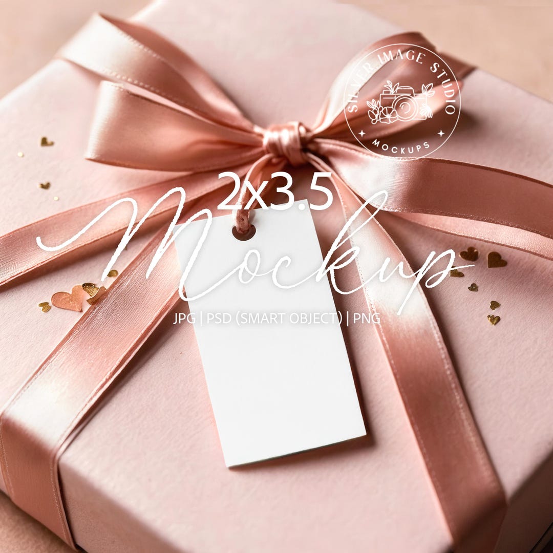 Valentine's Gift Tag Mockup: 2x3.5" Pink Box and Ribbons | Editable PSD ...