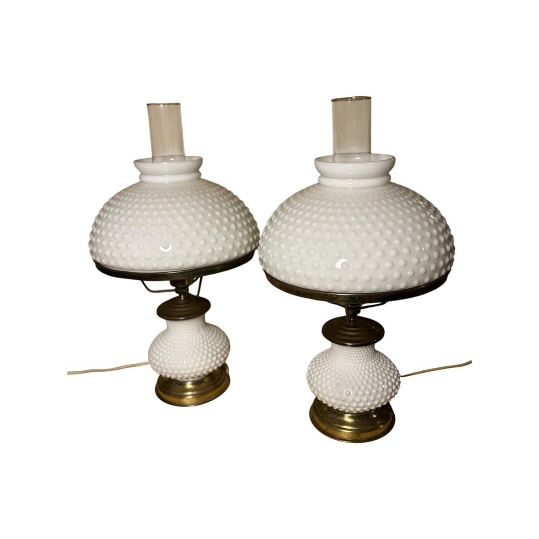 Pair VTG MCM Hobnail Milk Glass Hurricane 2-way Electric Lamp W/chimney ...