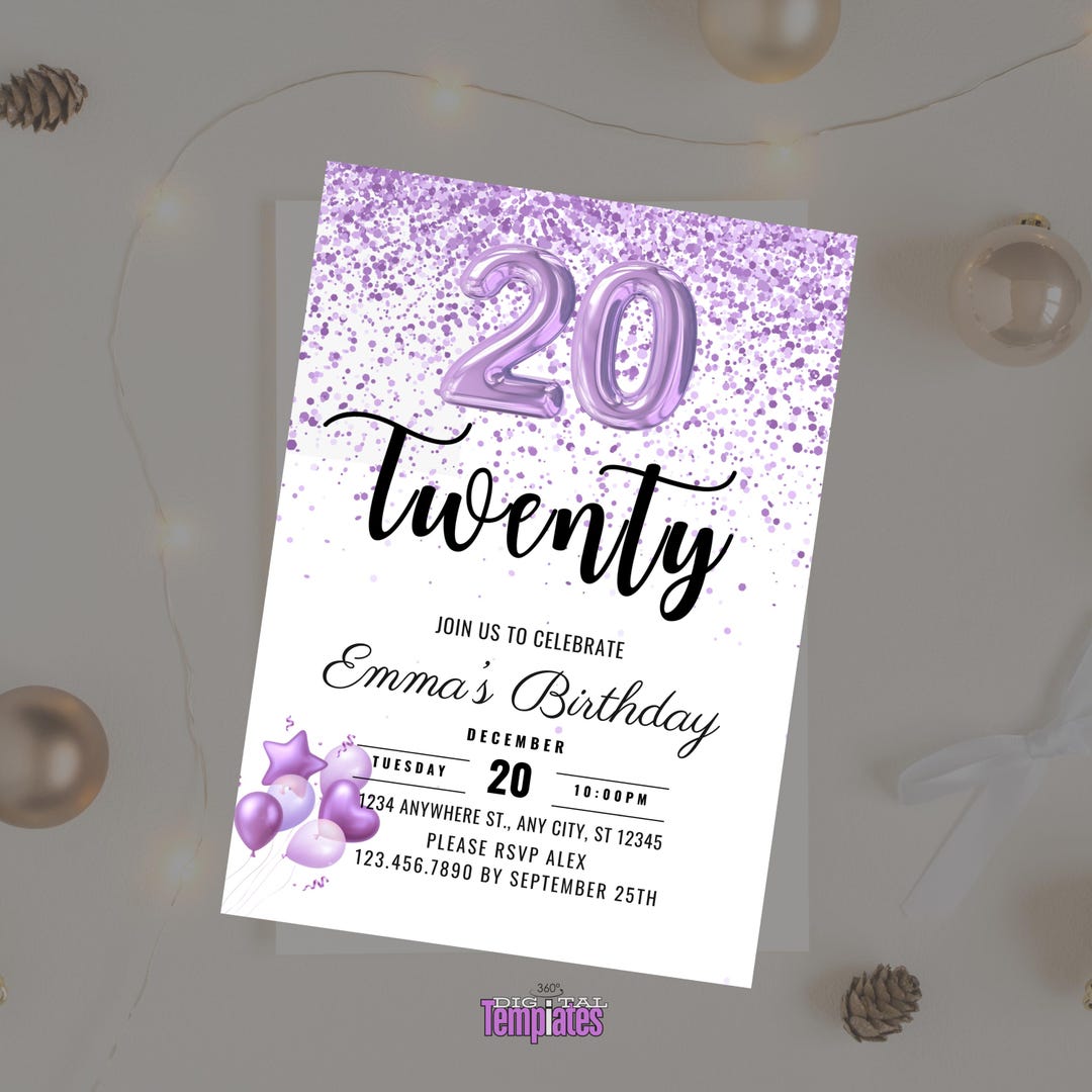Purple Glitter 20th Birthday Invitation, Girls Party Invite, Canva ...