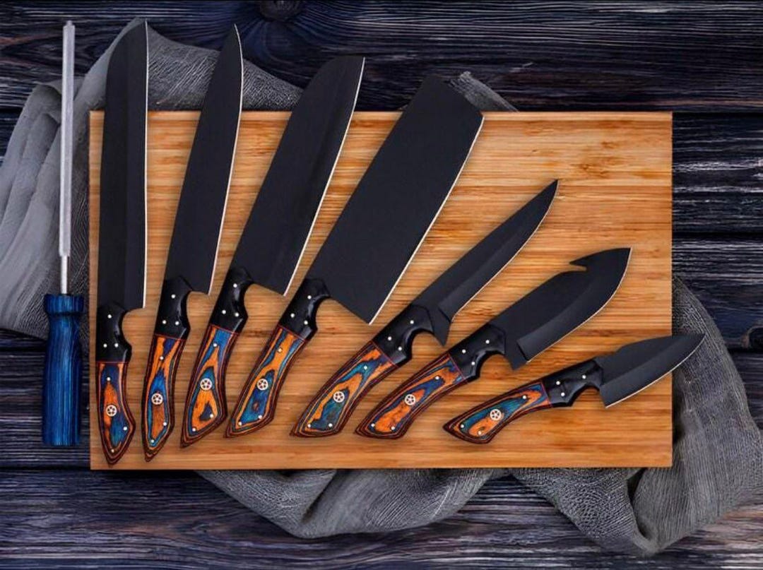 8 Pcs Damascus Steel BBQ Chef Set, Handmade Kitchen Knives, Hand Forged ...