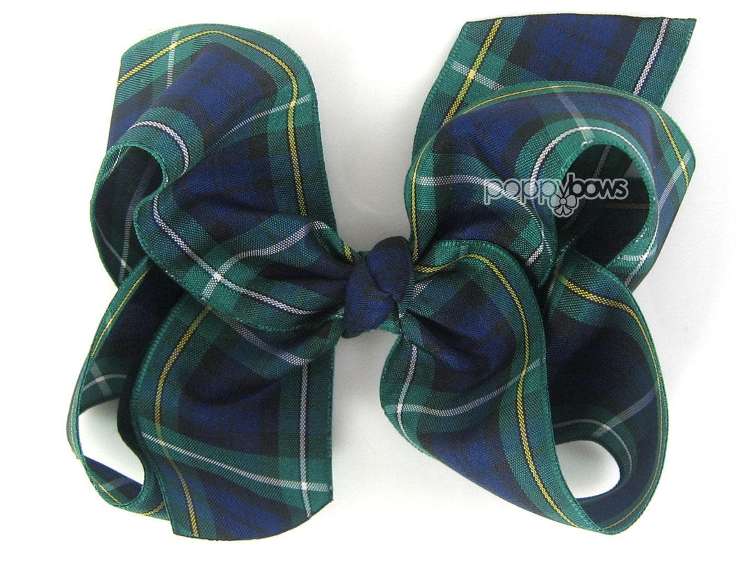 School Plaid Hair Bows / Navy, Dark Green, Yellow / Campbell Tartan / 4 ...