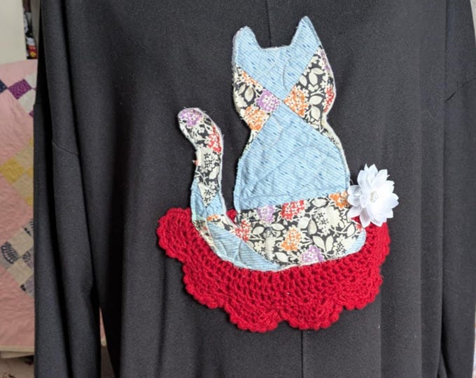 Upcycled Ladies Women's Quilted Patchwork Cat Applique - Black Long ...