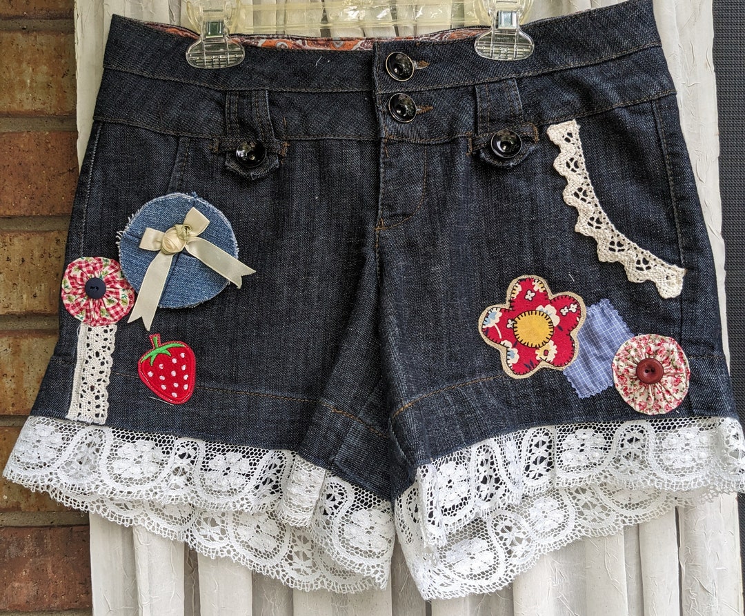 Upcycled Applique Strawberry Vintage Lace Ladies Jean Shorts-sz 6 W Red ...