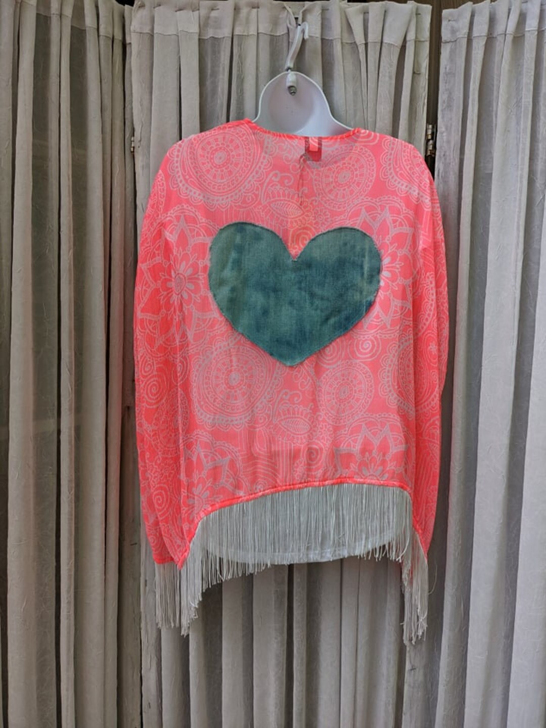 Hot Pink Fringed Denim Bleached Heart Kimono -one Size - Etsy