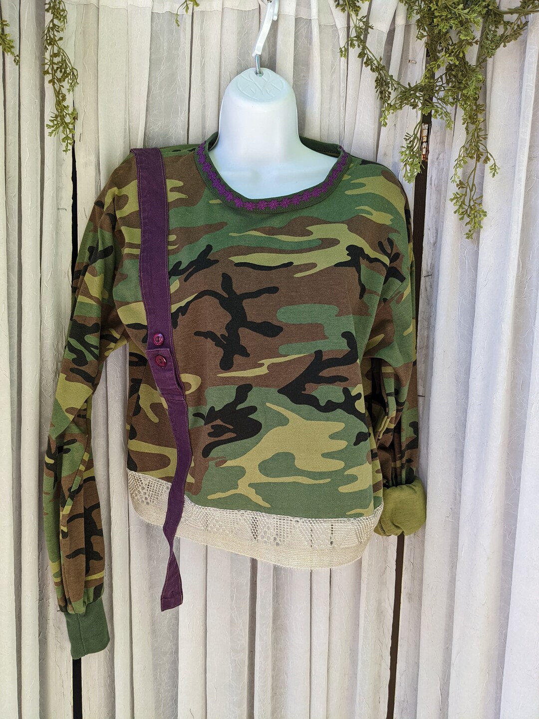 Heirloom Upcycled Artwear Camouflage Crop Top, Vintage Lace Long Sleeve ...