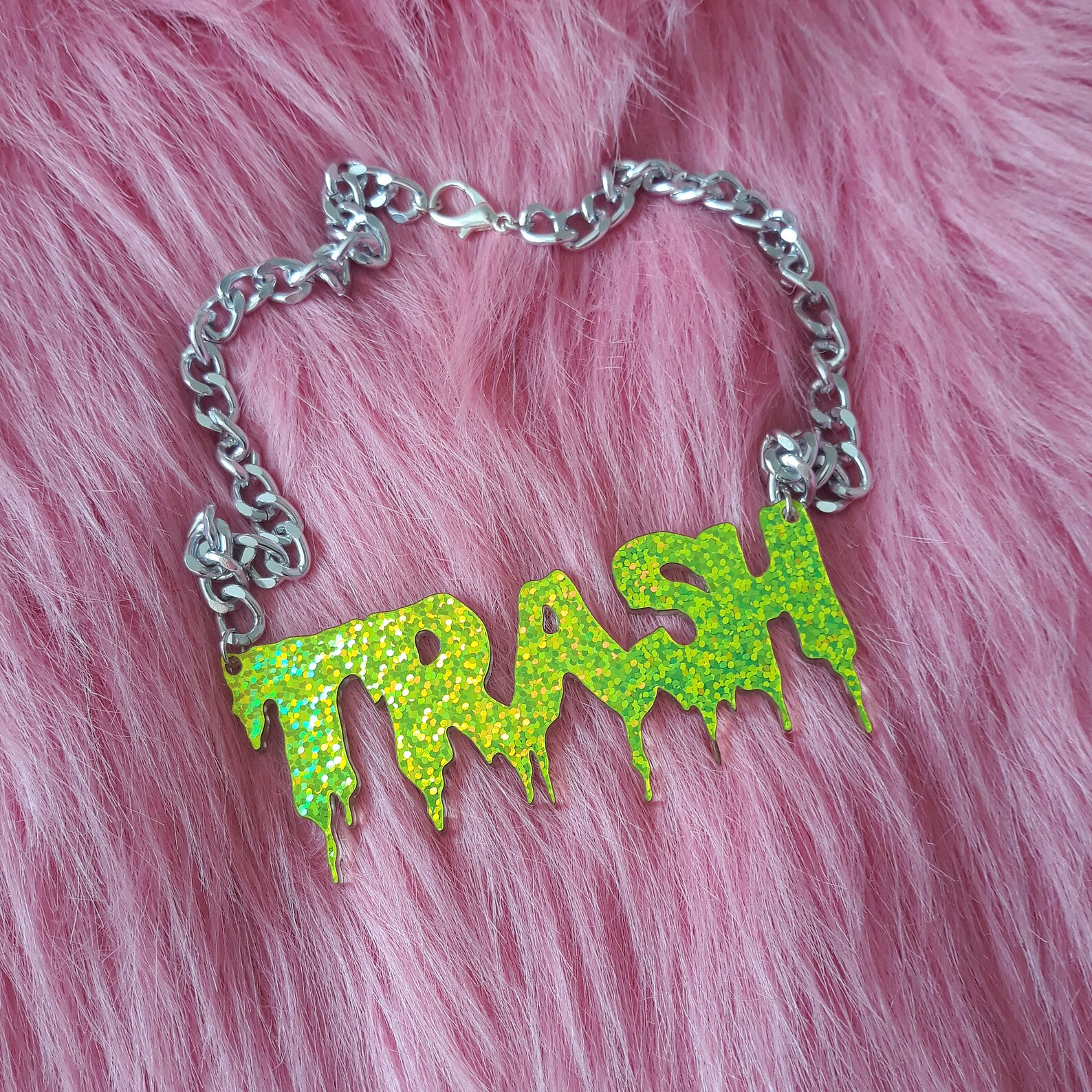 Glittery Lime Green Drippy TRASH Monogram / Nameplate Necklace - Etsy