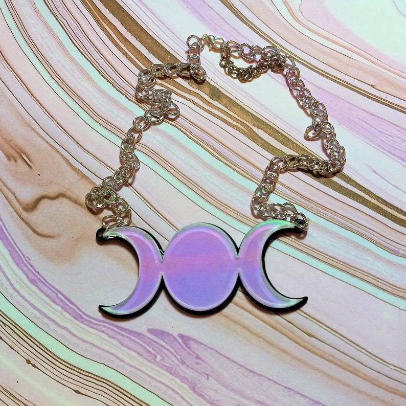 Iridescent TRIPLE MOON Symbol Acrylic Necklace With Silver - Etsy