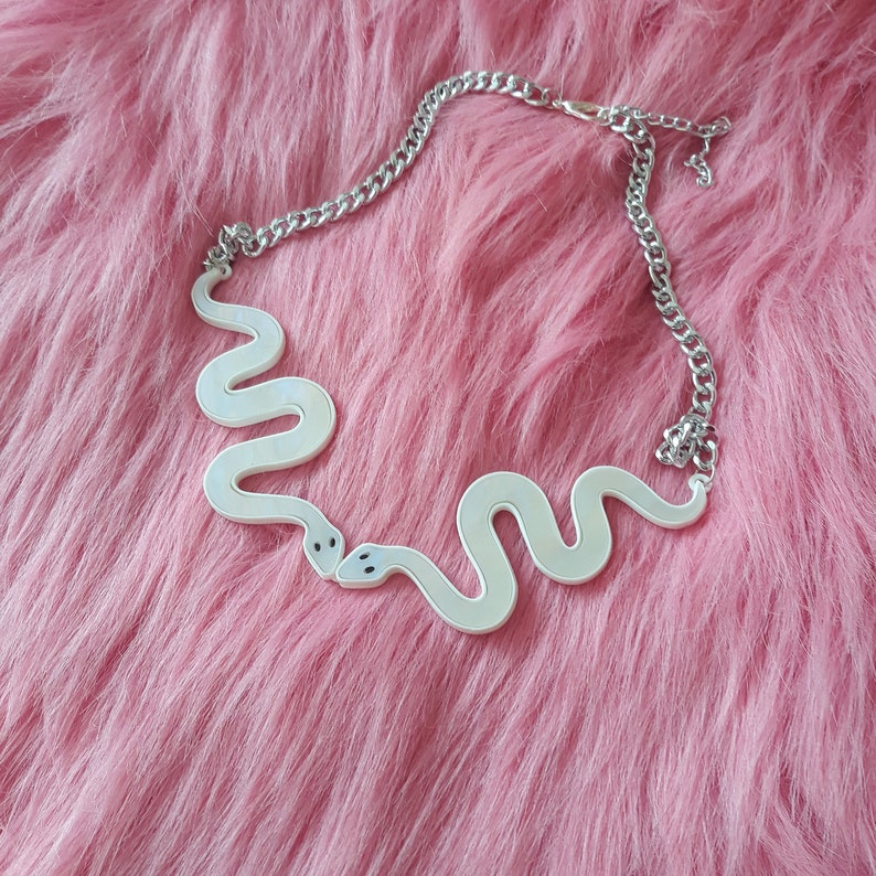 Marble and Solid White SNAKE Statement Necklace Silver Chain - Etsy