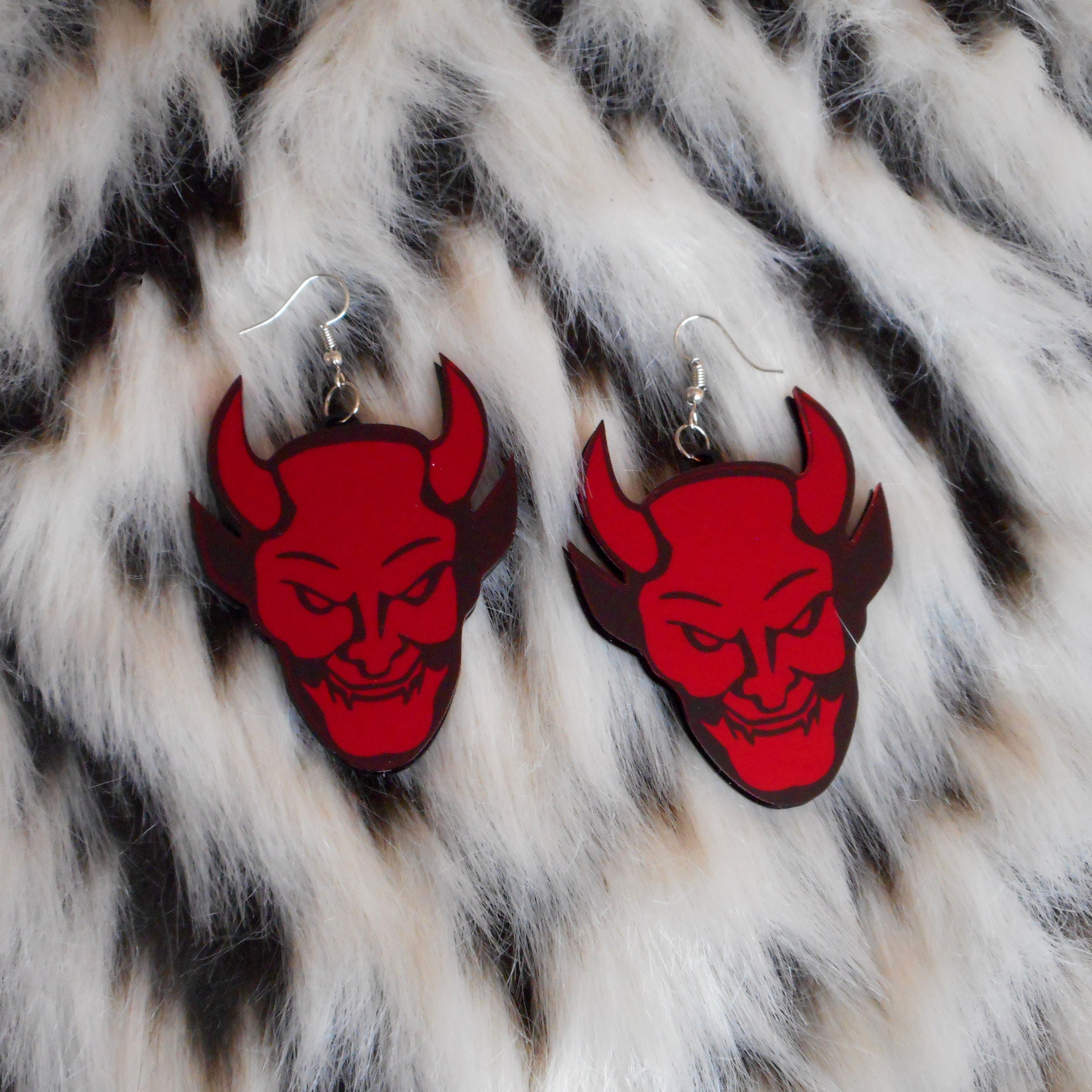 Red & Black Mirrored Acrylic Devil Satan Portrait Earrings | Etsy