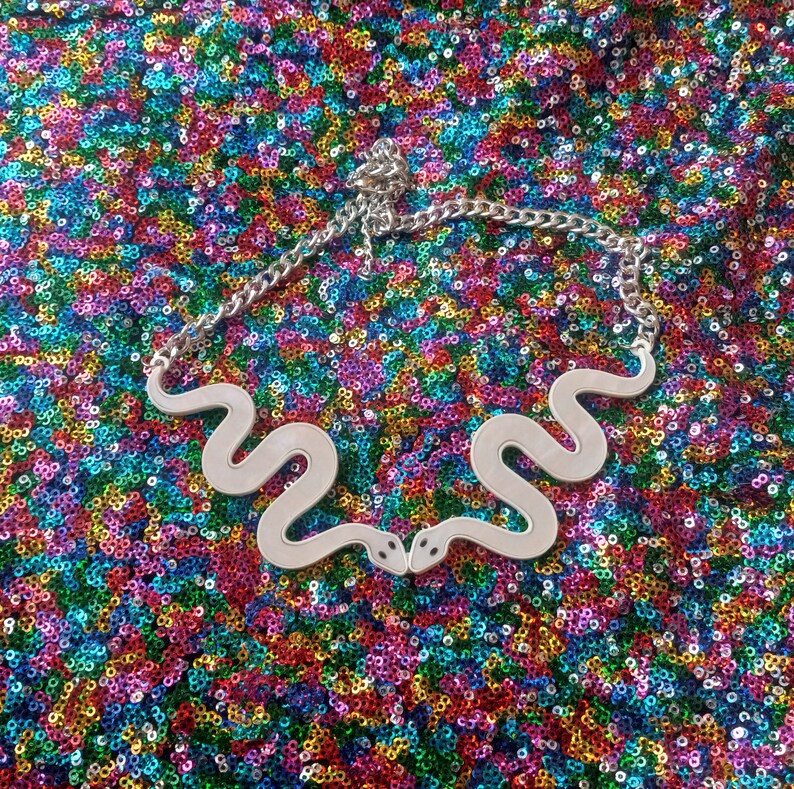 Marble and Solid White SNAKE Statement Necklace Silver Chain - Etsy