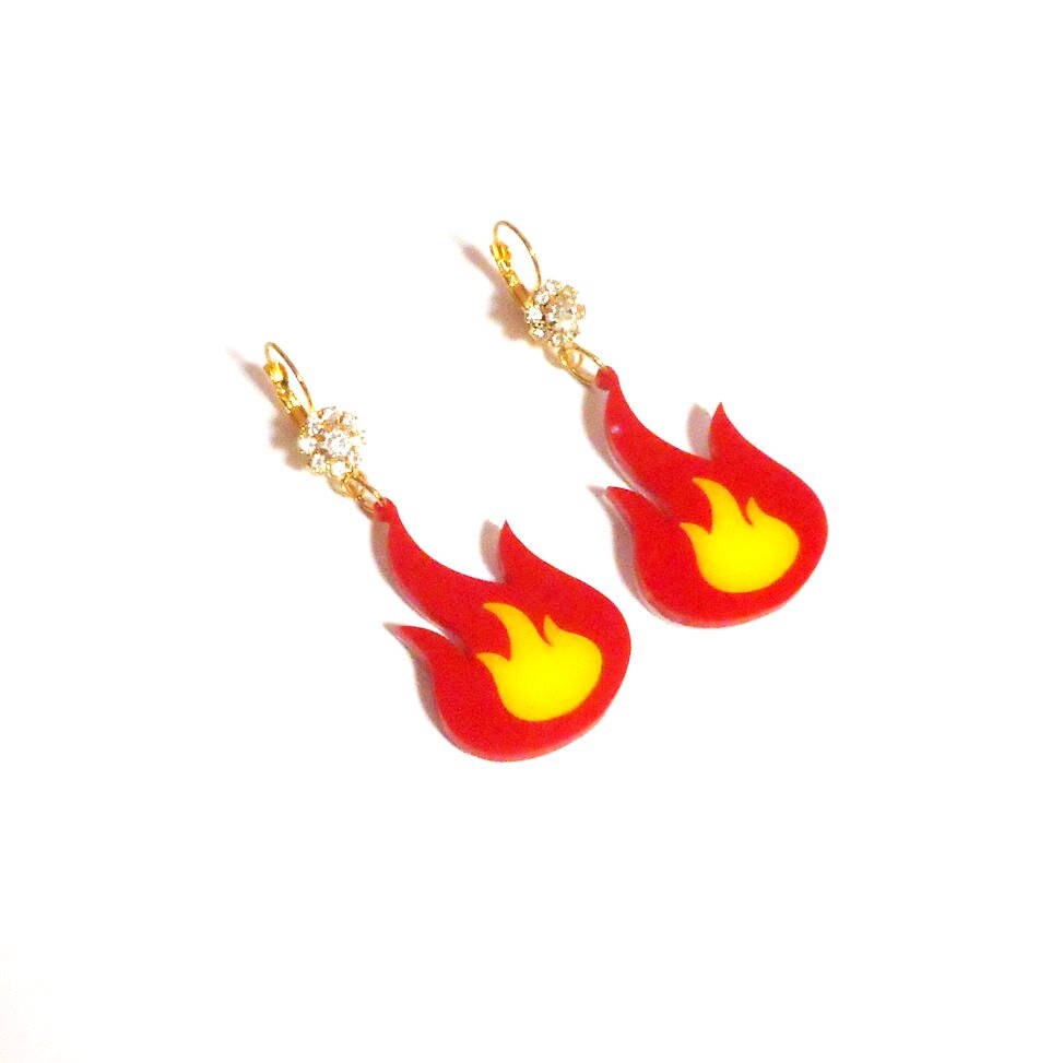 Colorful UP IN FLAMES Acrylic Fire Earrings with Gold Tone | Etsy