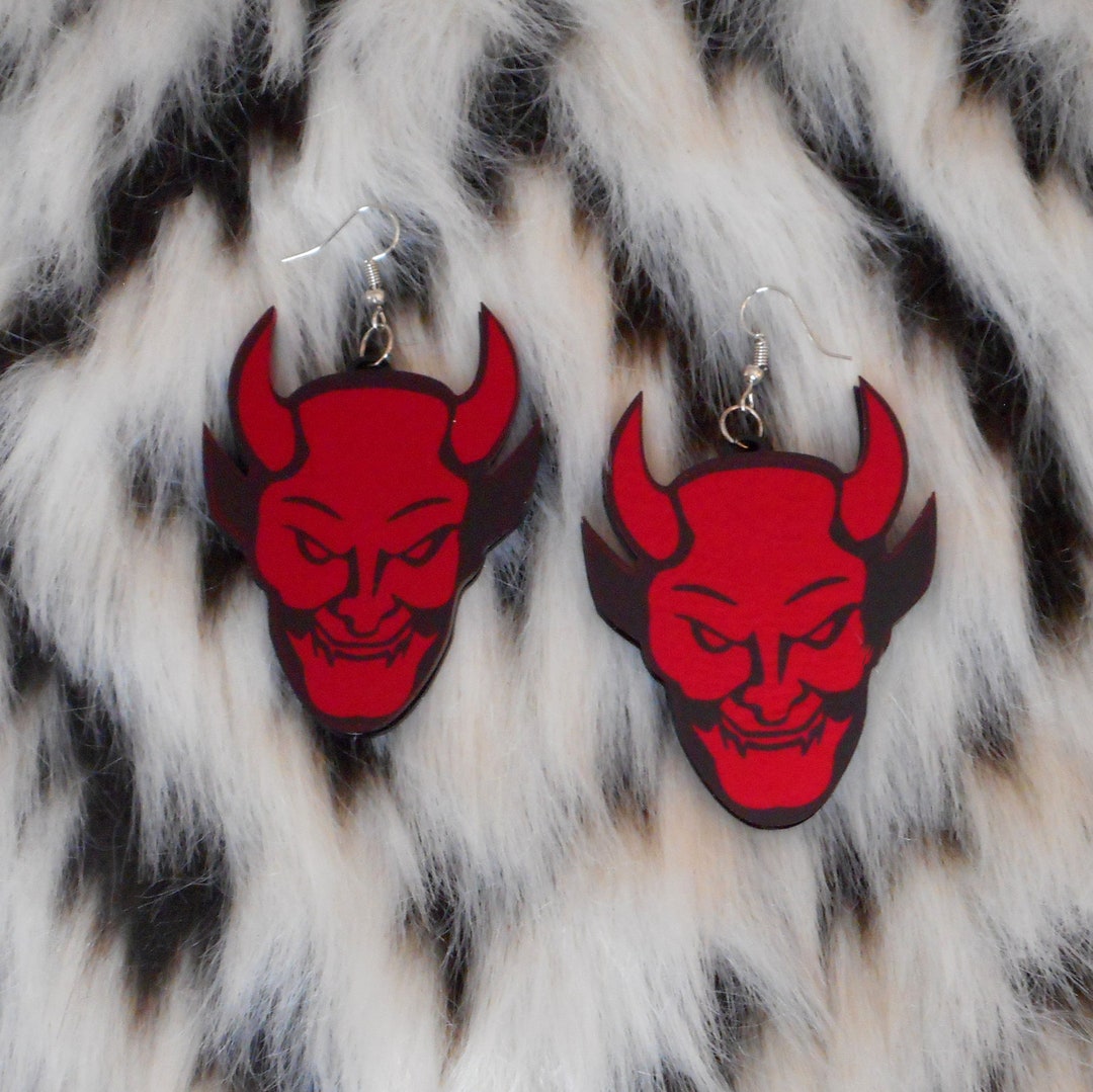 Red & Black Mirrored Acrylic Devil, Satan Portrait Earrings With Silver ...
