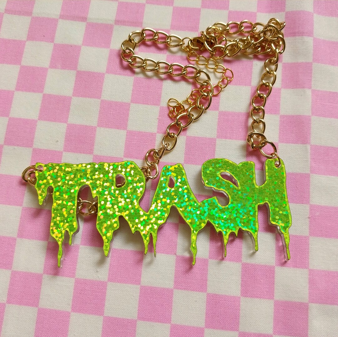 Glittery Lime Green Drippy TRASH Monogram / Nameplate Necklace - Etsy