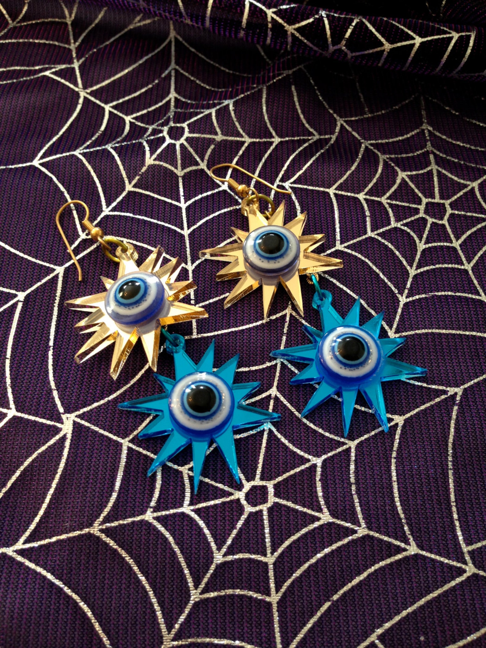 Multi-color EVIL EYE Star Burst Dangle Earrings Blue and | Etsy