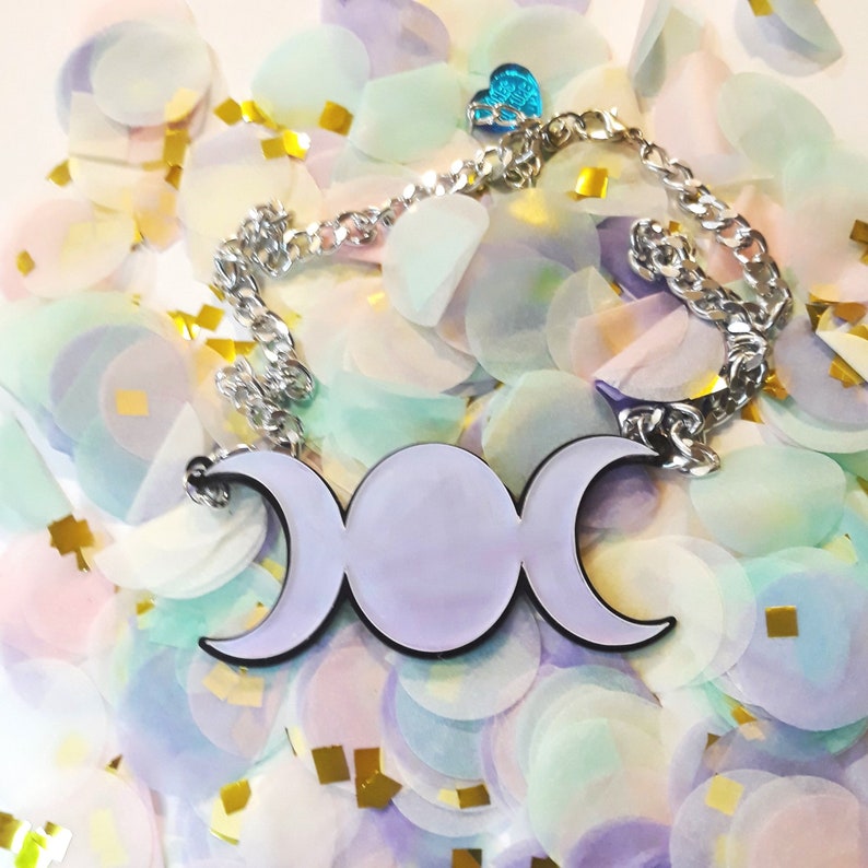 Iridescent TRIPLE MOON Symbol Acrylic Necklace With Silver | Etsy