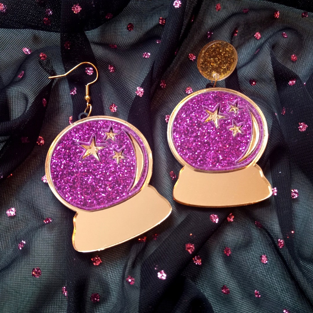 Glittery Fuchsia & Gold CRYSTAL BALL Acrylic Earrings - Etsy