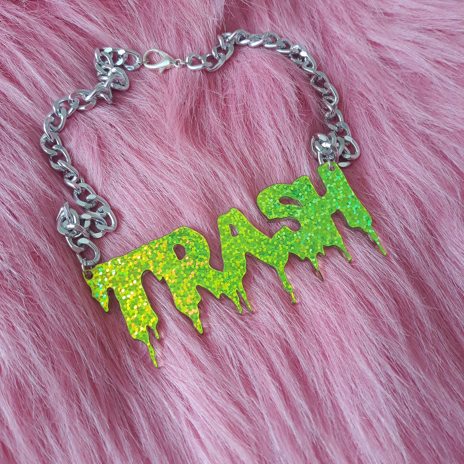 Glittery Lime Green Drippy TRASH Monogram / Nameplate Necklace | Etsy