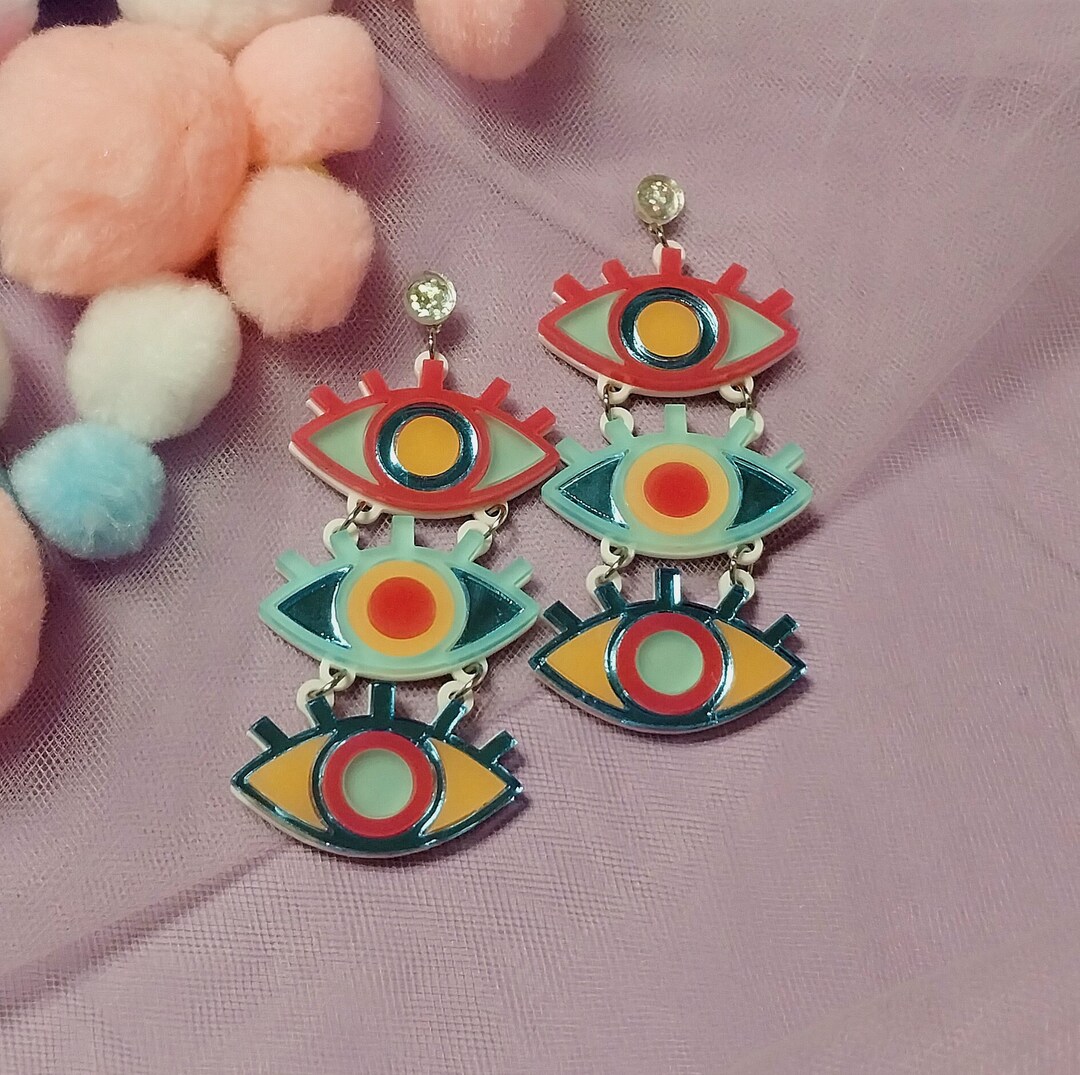Colorful Neon Third Eye / Evil Eye V2 Connector Earrings With - Etsy