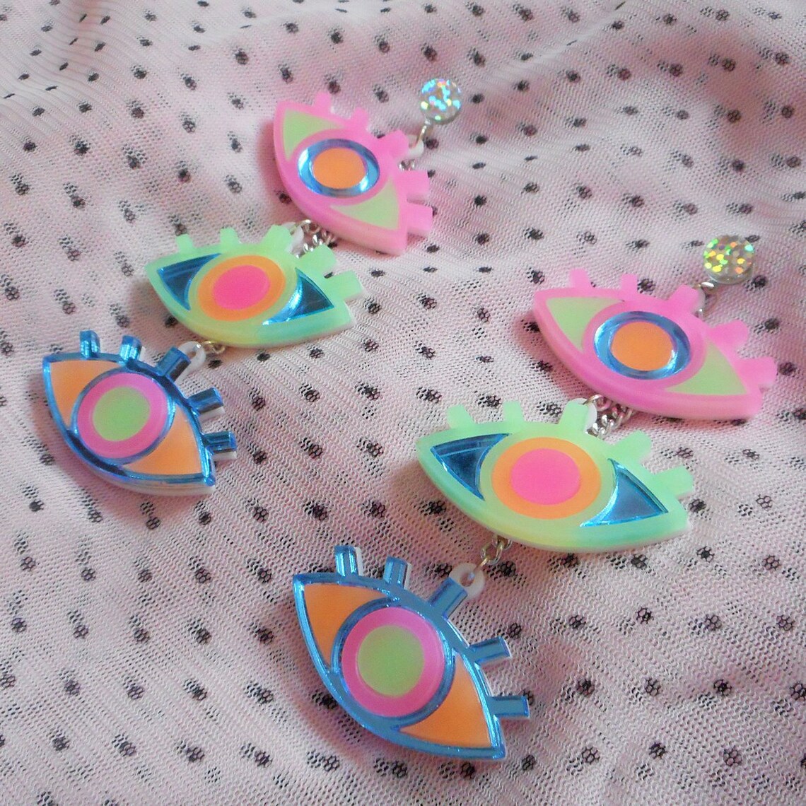 Colorful Neon Third Eye / Evil Eye Dangle Earrings with Studs - Etsy España