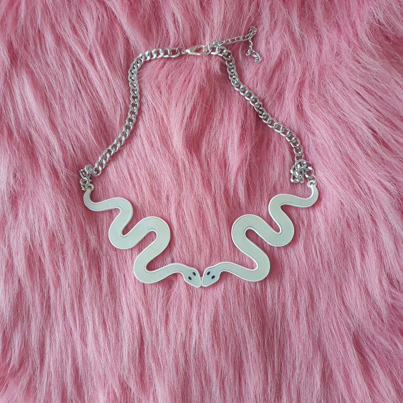 Marble and Solid White SNAKE Statement Necklace Silver Chain - Etsy