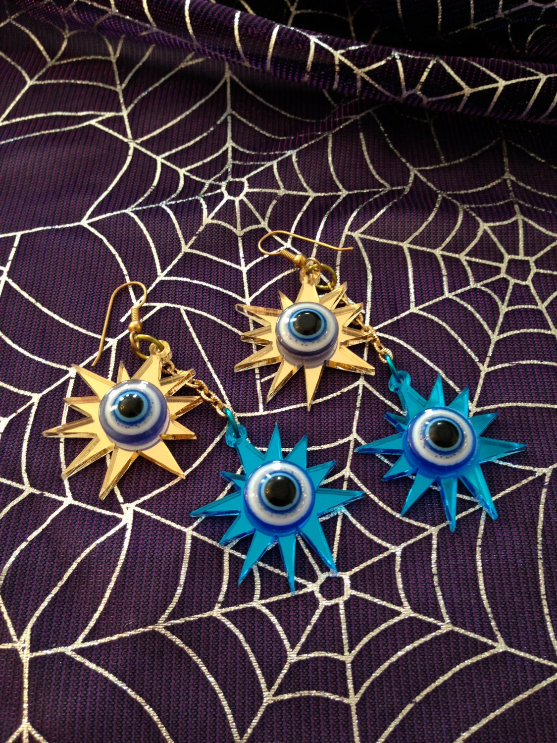 Multi-color EVIL EYE Star Burst Dangle Earrings Blue and | Etsy