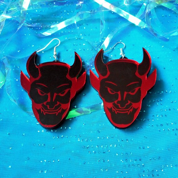 Black & Red Acrylic Satan Devil Earrings With Silver | Etsy