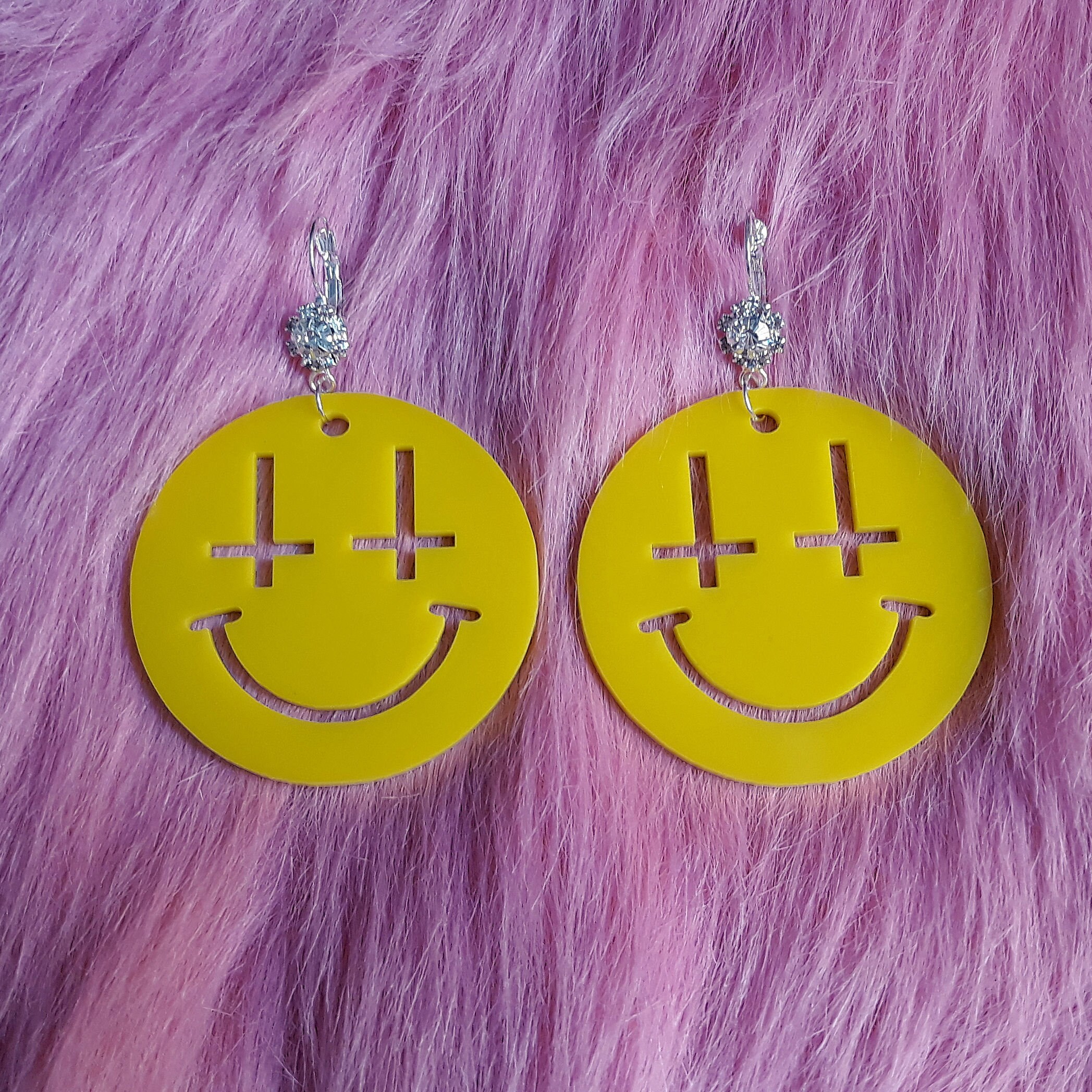 Yellow SATANIC SMILEY FACE Acrylic Earrings with Silver Wrap | Etsy