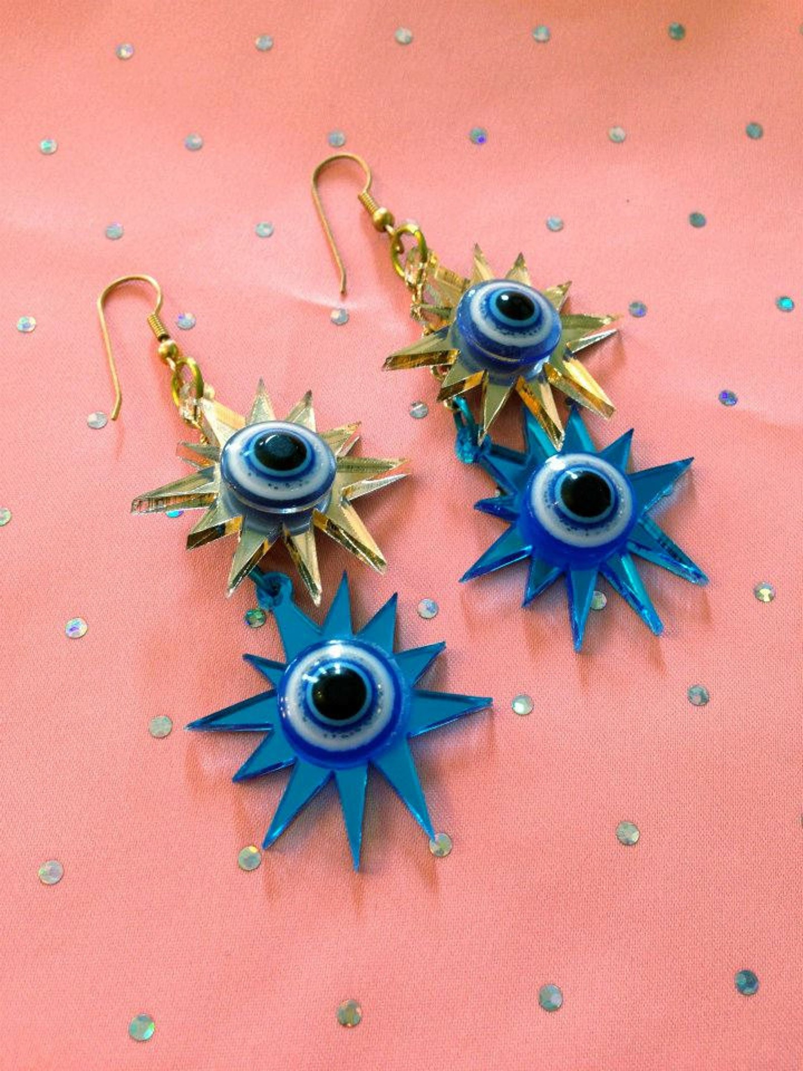 Multi-color EVIL EYE Star Burst Dangle Earrings Blue and | Etsy