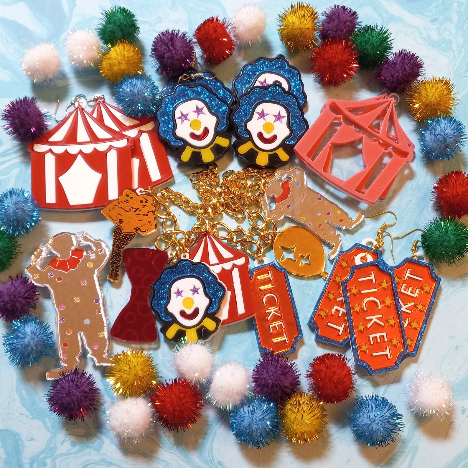 Colorful Clown / Circus Theme Acrylic Charm Necklace Gold - Etsy