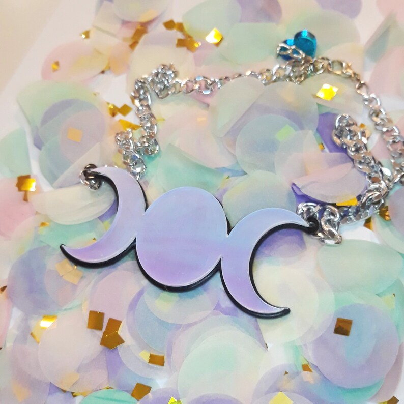 Iridescent TRIPLE MOON Symbol Acrylic Necklace With Silver | Etsy