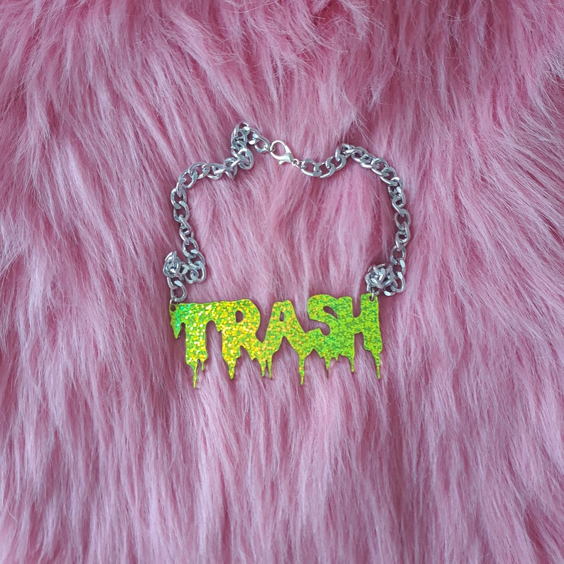 Glittery Lime Green Drippy TRASH Monogram / Nameplate Necklace | Etsy